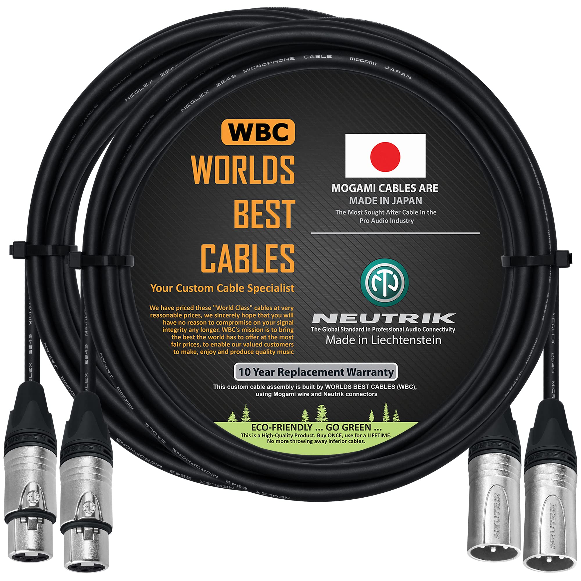 WORLDS BEST CABLES 2 Units - 15 Foot - Balanced Microphone Cable Custom Made Using Mogami 2549 (Black) Wire and Neutrik NC3MXX & NC3FXX Silver XLR Plugs