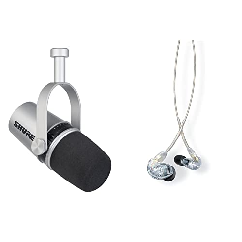 Shure MV7 USB/XLR Dynamic Microphone + SE215 Professional in-Ear Headphones for Podcasting, Recording, Streaming & Gaming, Built-in Headphone Output, Voice-Isolating Technology - Silver/Clear