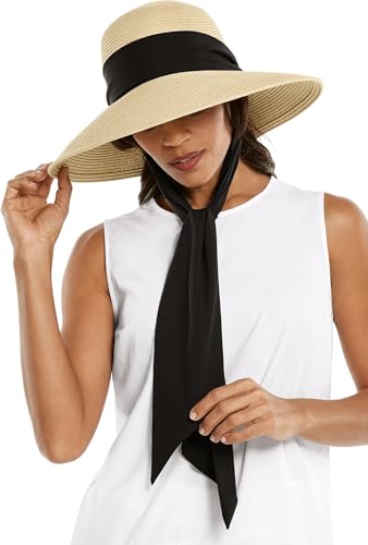 Coolibar UPF 50+ Women's Stella Scarf Detail Hat - Sun Protective (One Size- Natural/Black Colorblock)