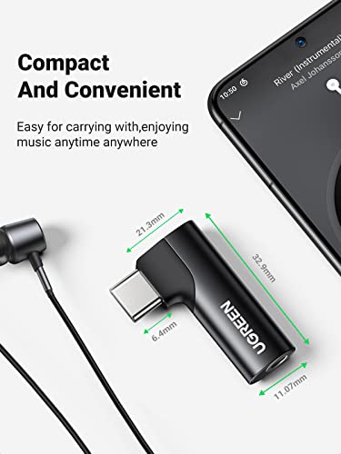 UGREEN USB C to 3.5mm Audio Adapter Type C Aux Headphone Jack DAC Stereo Mic HiFi Right Angle Earphone Dongle Compatible with iPad Pro Air 5 4 Mini 6, Galaxy S23 Ultra S22 S21 S20, Pixel 7 Pro, Black