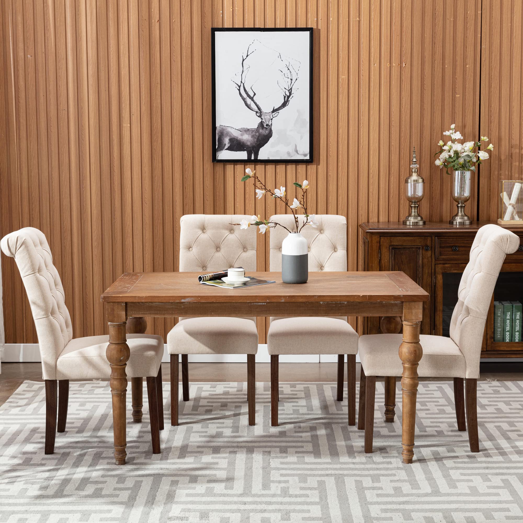 COLAMY Tufted Dining Room Chairs Set of 4, Parsons Diner Chairs Upholstered Fabric Side Kitchen Chairs with Solid Wood Legs and Padded Seat - Beige
