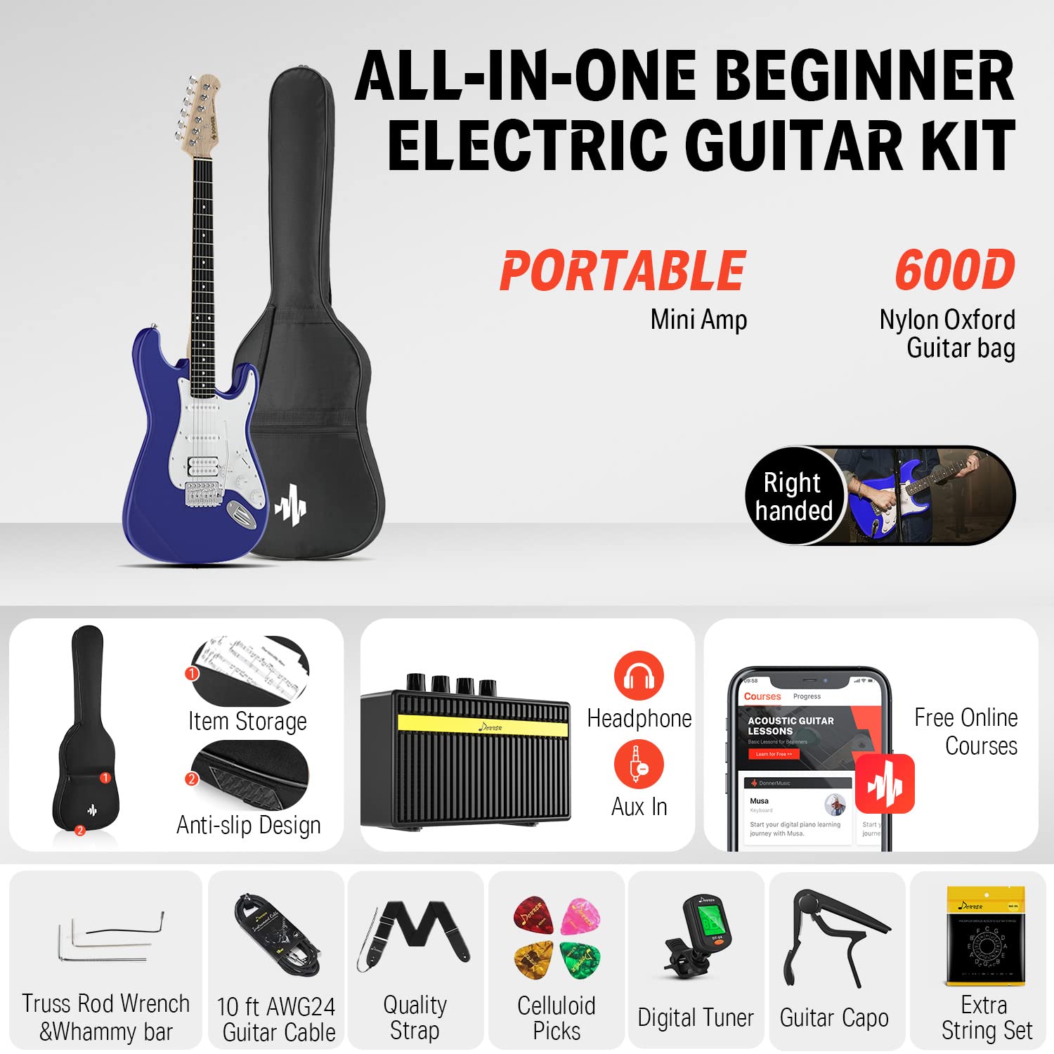 Donner DST-100L 39 Inch Electric Guitar Beginner Kit + Wah Guitar Pedal