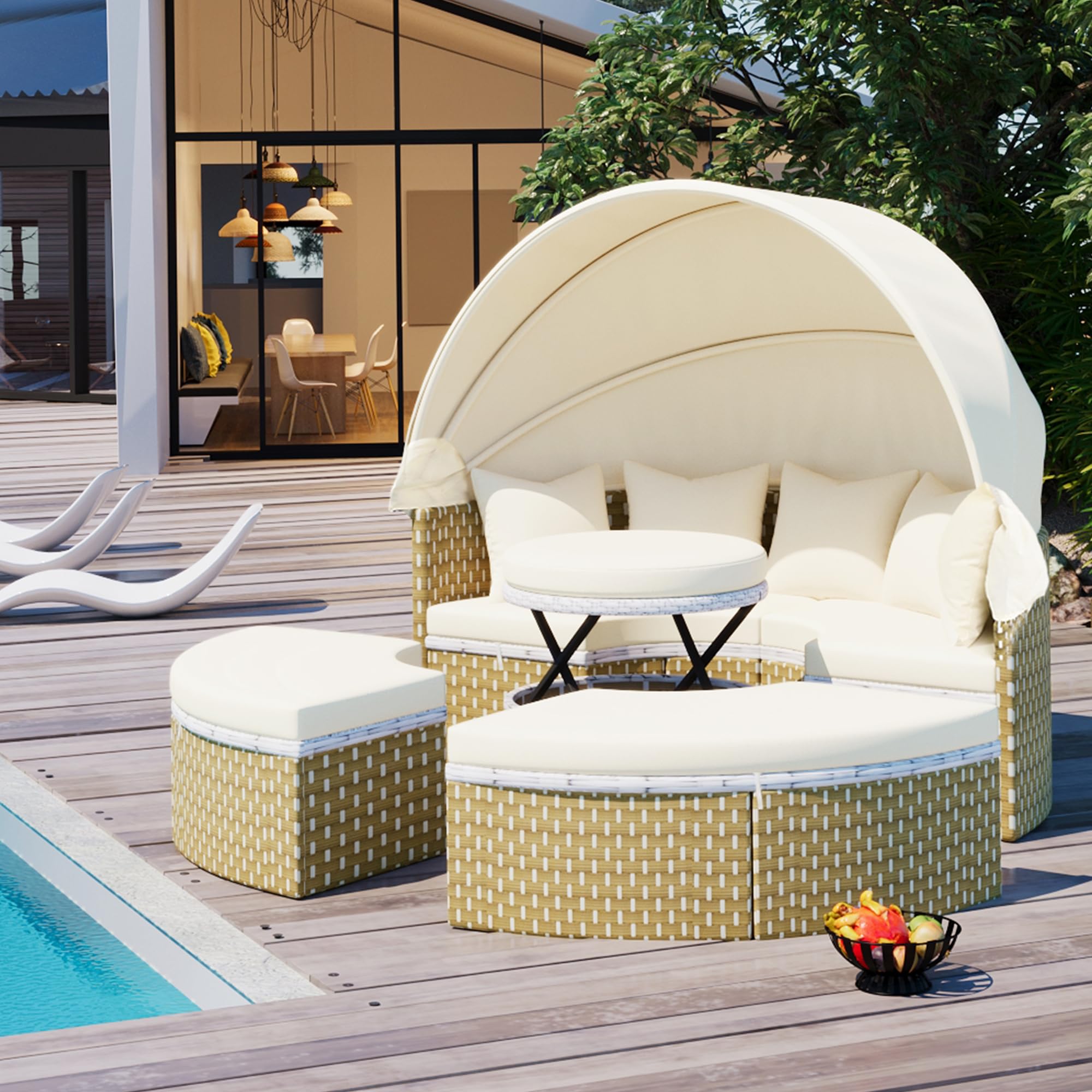 Merax All-Weather Patio Round Outdoor Sectional Sofa Set with Retractable Canopy,Rattan Daybed Two-Tone Weave Sunbed with Separate Seating and Removable Cushion,Gray