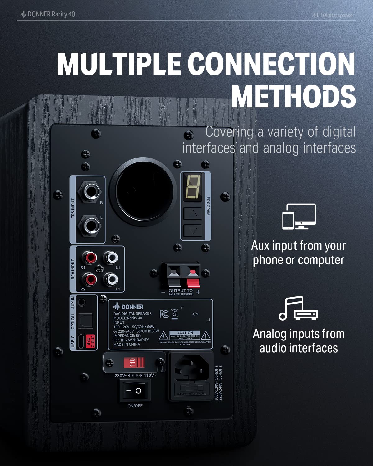 Donner Studio Audio Monitor, Wireless Active Bookshelf Speakers with AptX-HD Bluetooth 5.0, Stereo Speakers with Equalizer Editor, TRS/RCA/AUX/USB-C Input, 24bit DAC, Rarity-40