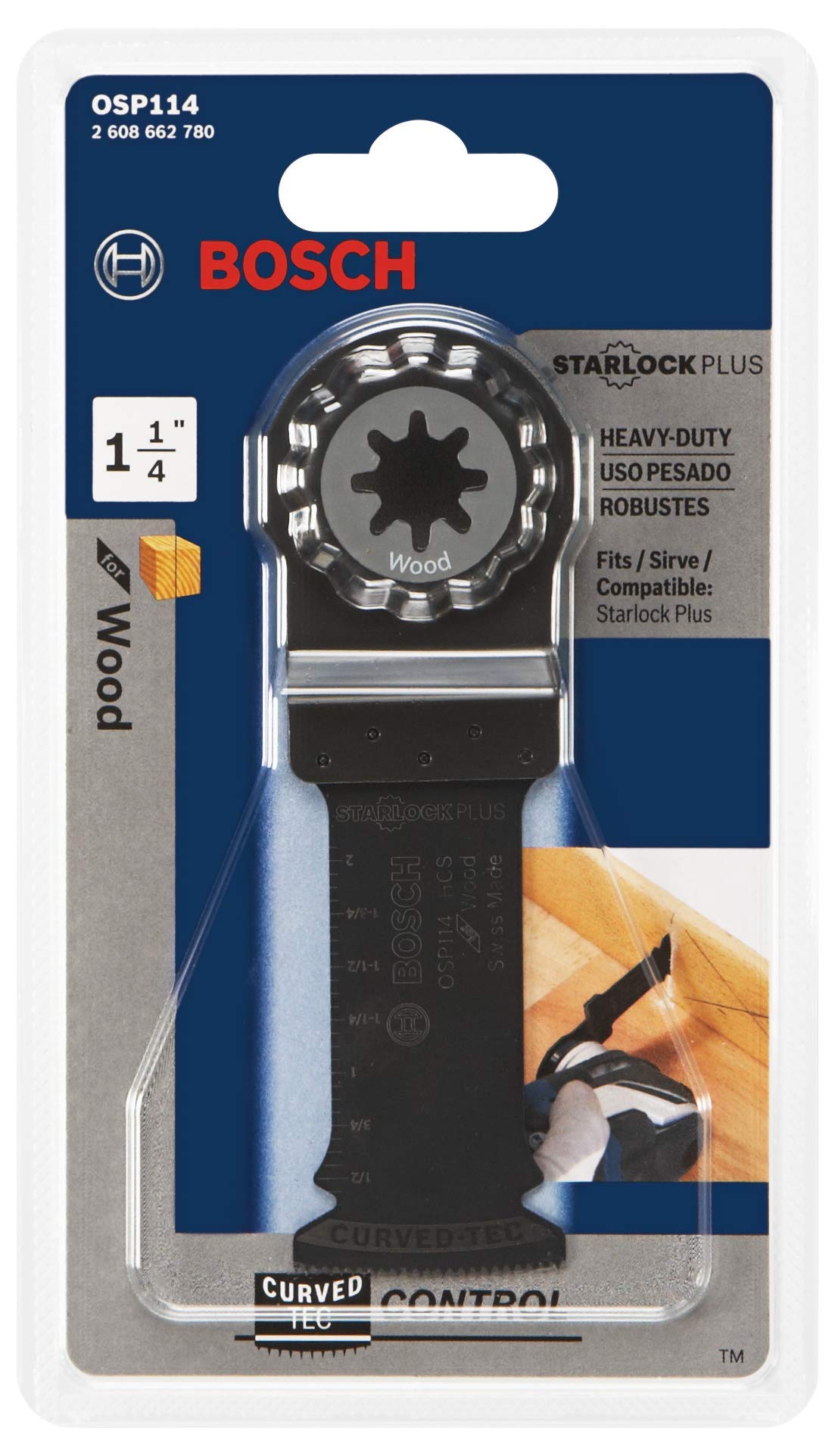 BOSCH OSP114 1-Piece 1-1/4 In. StarlockPlus Oscillating Multi Tool Wood Curved-Tec High-Carbon Steel Plunge Cut Blade for Heavy-Duty General-Purpose Applications in Wood