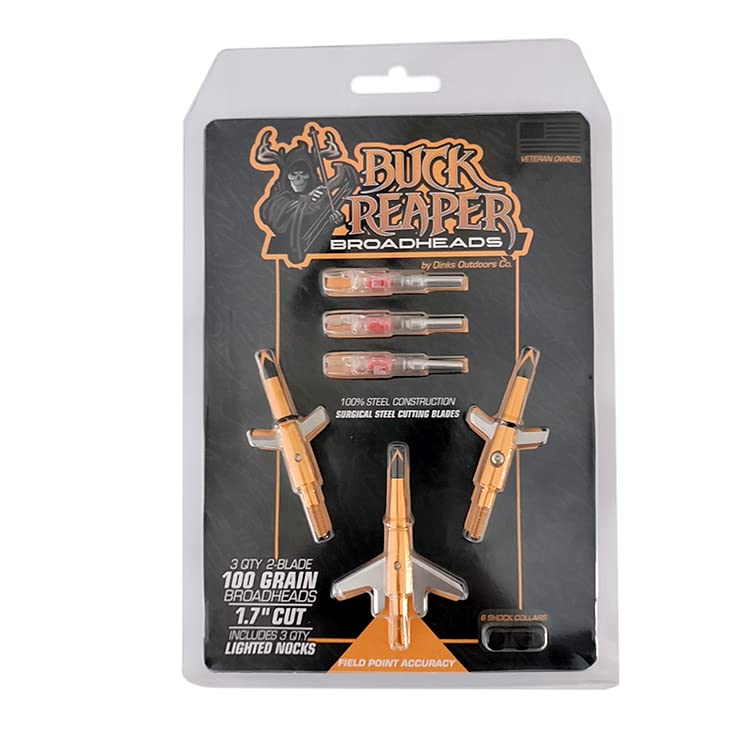 Dinks Outdoors Company Buck Reaper 100 Grain Broadhead, 2 Blade Expandable broadheads 1.7 Inch Cutting Diameter, 3 Pack, w/Bonus Lighted Arrow Knocks Compound Bow or Crossbow