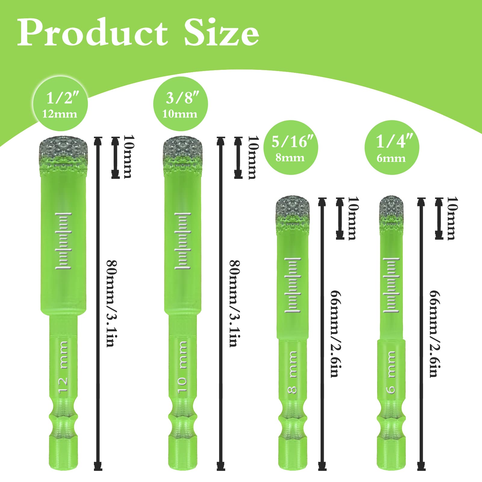 Dry Diamond Drill Bits Set with Wax core Cooling,Small Diamond Hole Saw Kit for Granite Ceramic Marble Tile Stone Glass Hard Materials with Quick Change Hex Shank 1/4, 5/16, 3/8,1/2 inch