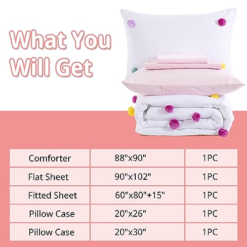 HOMBYS Pom Poms Bedding Comforter Set for Girls, 5 Piece White Pink Boho Kids Comforter Set for All Season,Full/Queen Size