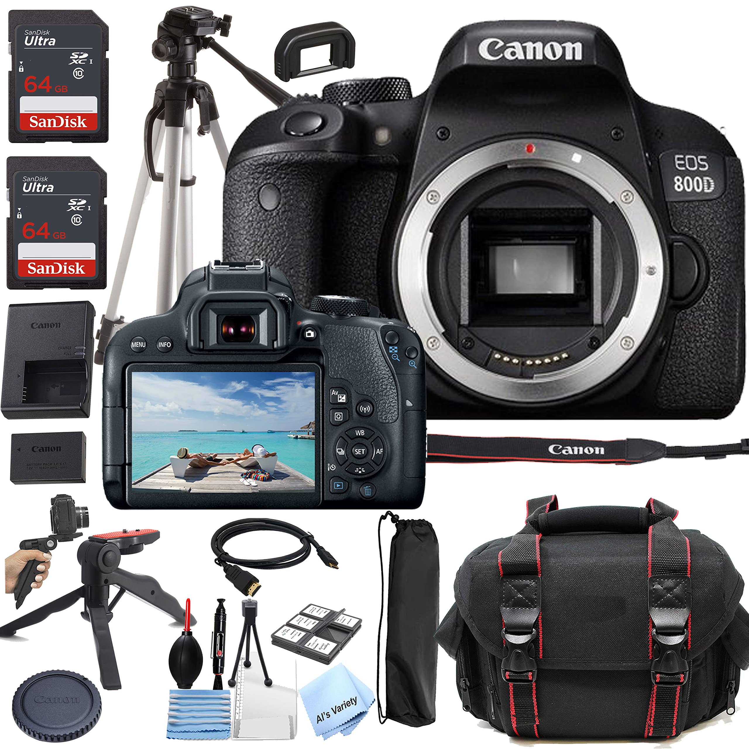 Canon EOS 800D Rebel (T7i DSLR) Camera (Body Only) + Al’s Variety Accessories Includes: 2X 64GB Memory + Case + Tripod + Grip Pod + HDMI Cable + More (22pc Bundle)