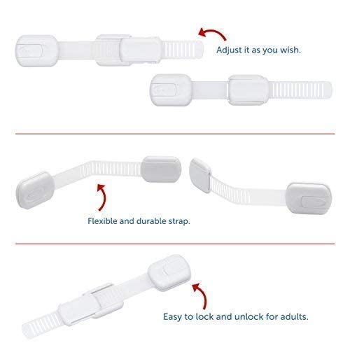 CUTESAFETY Child Proof Safety Locks - Baby Proofing Cabinet Lock with 6 Extra 3M Adhesives - Adjustable Strap Latches to Cabinets,Drawers,Cupboard,Oven,Fridge,Closet Seat,Door,Window (White, 6)