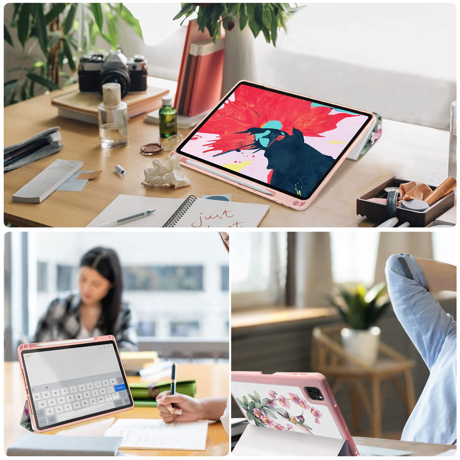 HONNKY for iPad Air 5th/ 4th Generation Case 10.9 Inch (2022/2020),iPad Pro 11 Inch Case with Pencil Holder, Auto Wake/Sleep, Trifold Stand Smart Case with Clear Transparent Back(Flower Hummingbird)