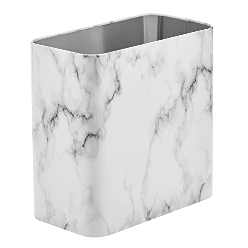 mDesign Small Rectangular Steel Trash Can, Narrow Wastebasket, Slim Garbage Container Bin, 2.4 Gallon for Bathroom, Bedroom, Kitchen, Home Office, Dorm, Recycling Waste Basket - Marble Print, Pack of 1