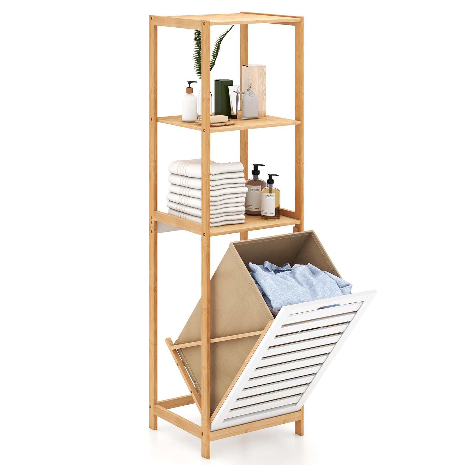 GOFLAME Tilt Out Laundry Hamper with 3-Tier Storage Shelves, 51β Tall Bathroom Storage Shelf with Removable Basket, Bamboo Laundry Basket Organizer for Bathroom, Laundry Room, Bedroom, Natural