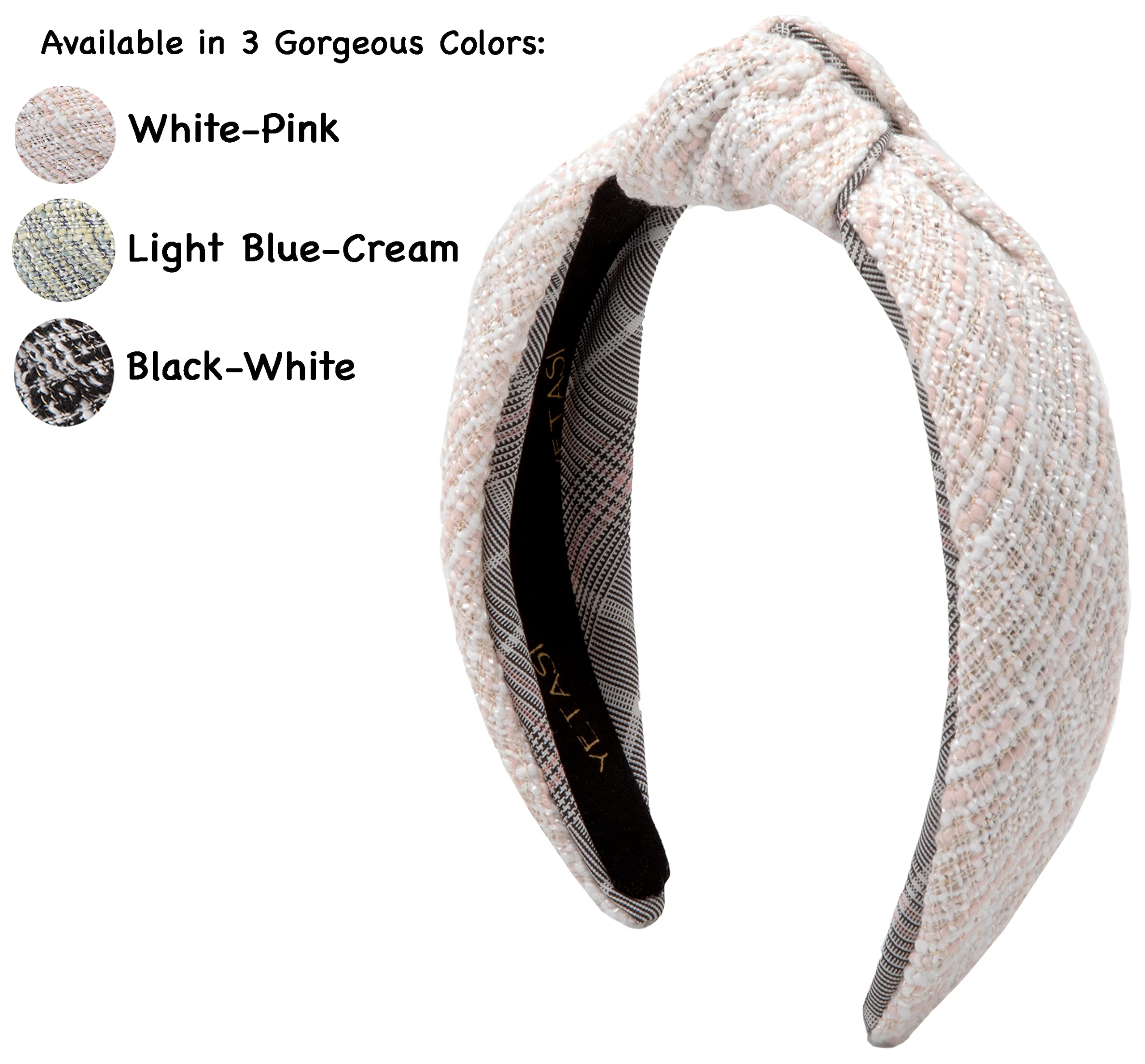 YETASI Tweed Off White Knotted Headband for Women with Hints of Pink and Gold Threading is Unique. White Headbands for Women with Knot