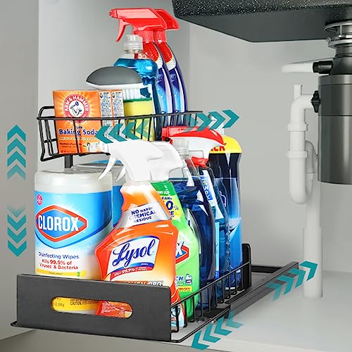 COYETH Under Sink Organizer, Height Adjustable Metal 2-Tier Pull Out Cabinet Organizer Under Kitchen Sink Organizer, L Shaped Slide Out Sink Shelf, Under Cabinet Storage for Kitchen Bathroom