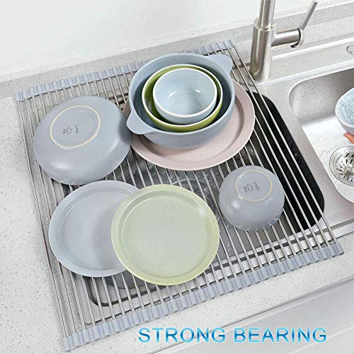 EC ELEGANTCHARM Roll Up Dish Drying Racks, Over Kitchen Sink Counter Rv Wide 17.5" x 16" Rollup Dish Rack, Foldable Stainless Steel Multipurpose Heat Resistant Rolling Dishes Drainer