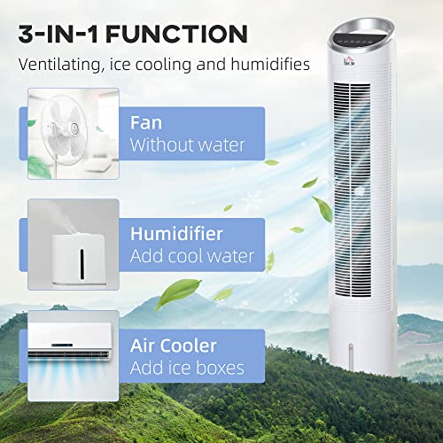 HOMCOM 40" Evaporative Air Cooler for Home Office, 3-In-1 Ice Cooling Fan with Humidifier, Oscillating, 3 Modes, 3 Speeds, 8H Timer, Remote, LED Display, White