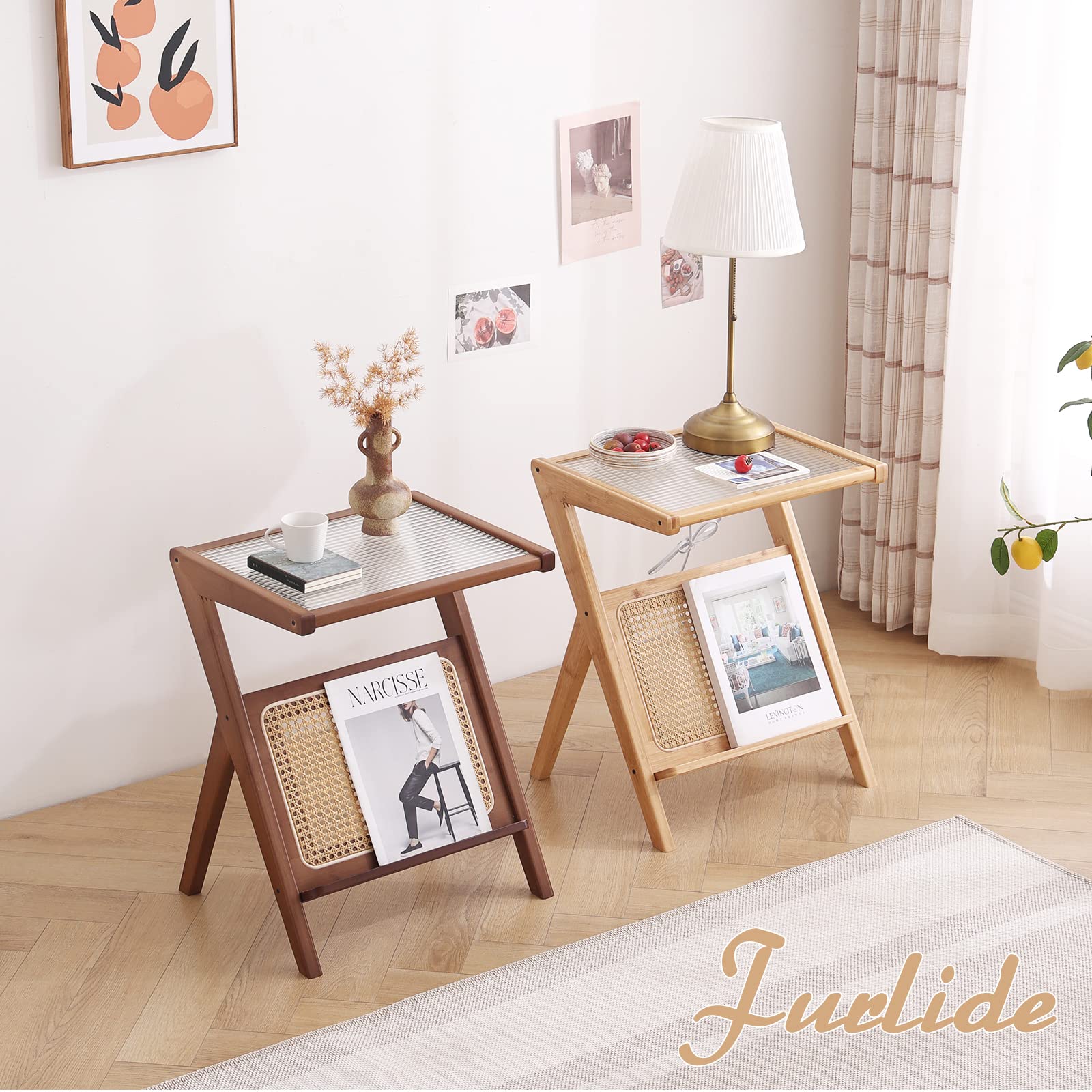 Furlide Tv Tray Table, Bamboo End Table, Boho Nightstand Side Table, Bedroom Coffee Table with Storage, Accent Bedside Tables for Living Room Bedroom Small Spaces (Wood)