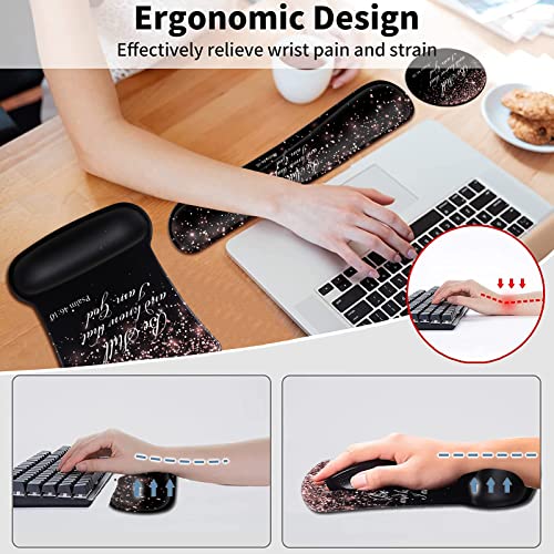 Keyboard Wrist Rest and Mouse Pad with Wrist Support, Ergonomic Gel Mouse Pad and Coaster, for Easy Typing Pain Relief, Memory Foam Keyboard Wrist Rest,Psalm 46-10 Rose Gold Glitter Black Mousepads