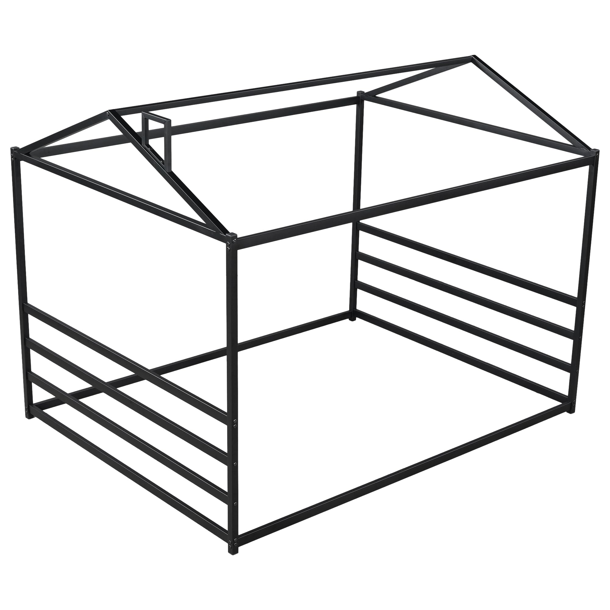 Merax Queen Size Metal House Bed with Roof, Floor Beds with Sturdy Steel Bedframe for Boys and Girls, No Box Spring Needed, Black
