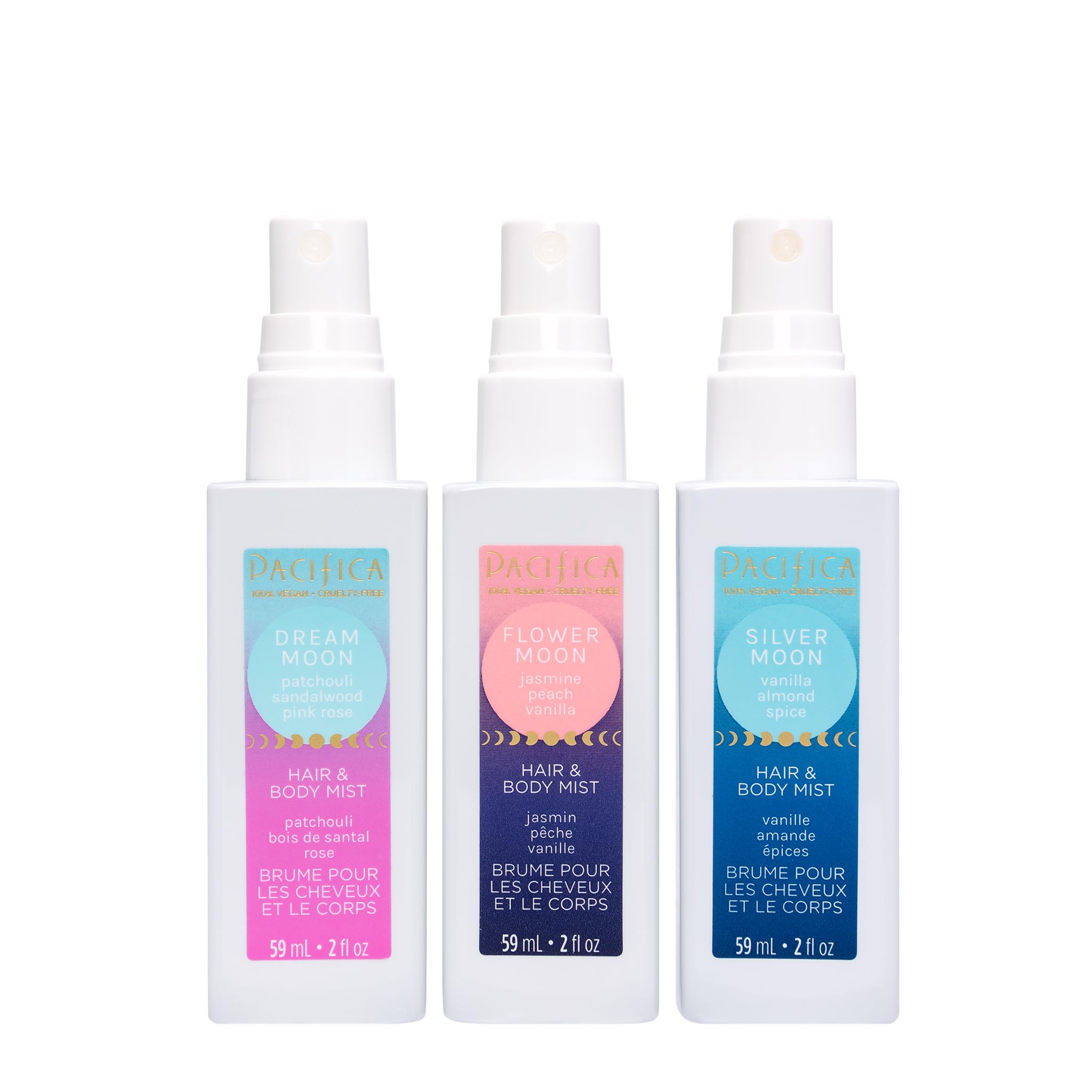 Pacifica Moon Moods Hair Perfume & Body Fragrance Spray Mist Trial Set – Dream, Flower & Silver Moon – Sampler Discovery Gift Pack – Travel-Size, Vegan & Cruelty-Free, 2 oz each (Pack of 3)