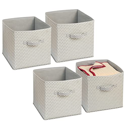 mDesign Large Soft Fabric Closet, Home Storage Organizer Cube Bin Box, Front Handle - Storage for Closet, Bedroom, Furniture Shelving Units - Chevron Zig-Zag Print, 12.75" High, 4 Pack - Taupe/Natural