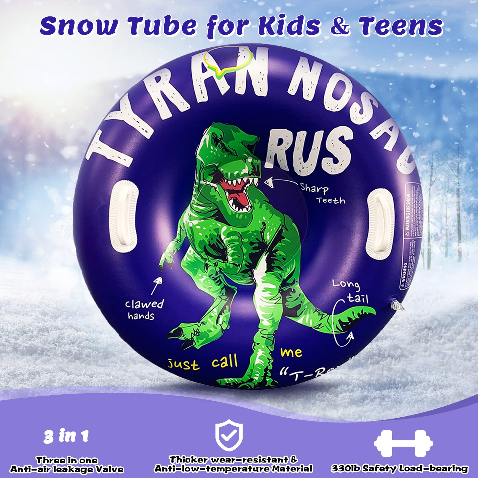 Dinosaur Snow Tube Inflatable Snow Sled with Handles for Skating Winter Outdoor Fun for Kids