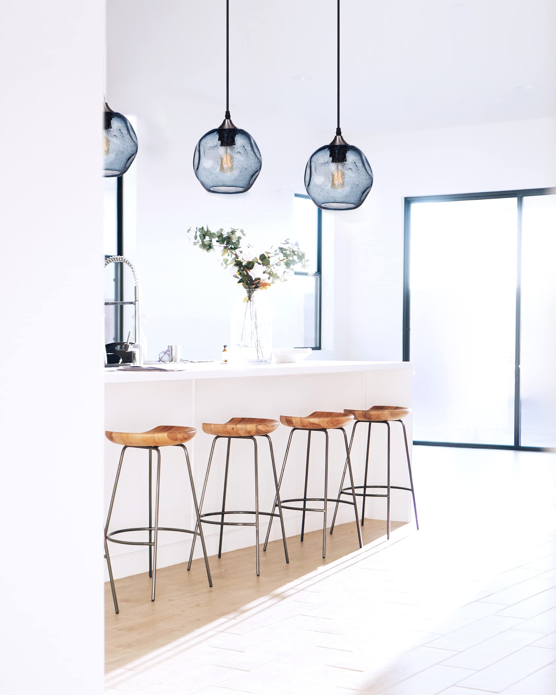 CASAMOTION Glass Pendant Lights Modern Blue Seeded Bubbles Kitchen Lighting Over Island Organic Globe Ceiling Hanging Fixture Dining Room Table Sink Hallway Entryway 7" Inch Diam