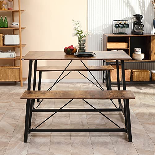 HOMCOM Industrial 3-Piece Dining Table Set, Rectangular Kitchen Table and Chairs for 4 People, Space-Saving Dinner Table with Two Benches, Rustic Brown