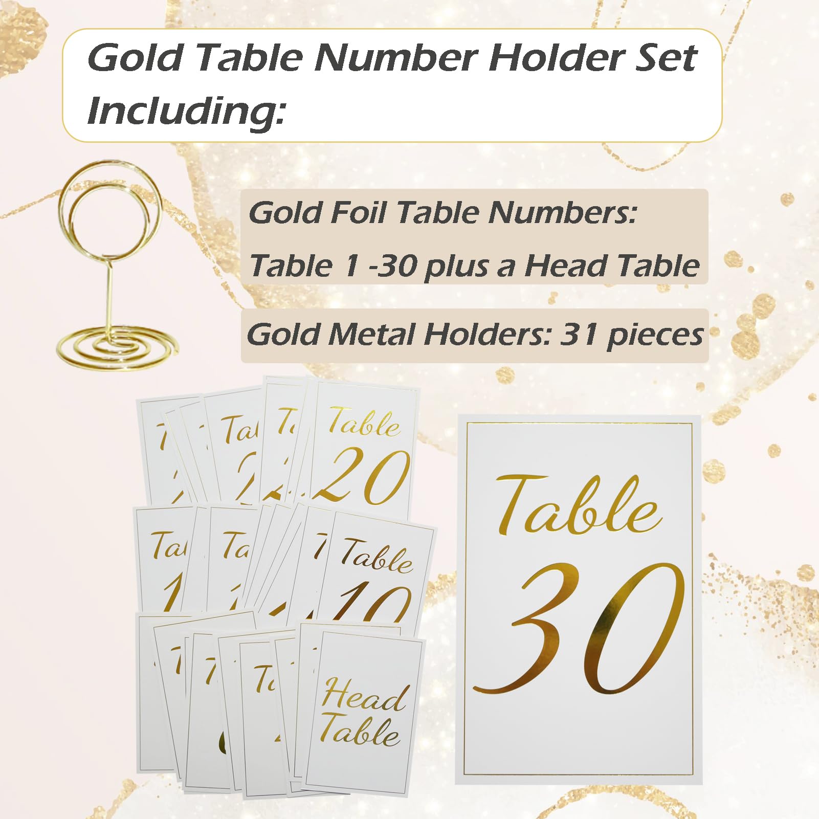 Gold Table Number Cards with Holders, 1-30 Gold Place Cards with Stands, 4x6" Double Sided Table Place Cards, Table Sign with Stands for Wedding Reception Event Party Restaurant Centerpieces Decor