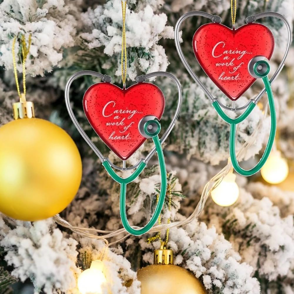 Hlsicnalm 4PCS Christmas Heart Stethoscope Decoration, 2024 Stethoscope Caring Heart Work Pendant, Heart Health Wishes Pendant