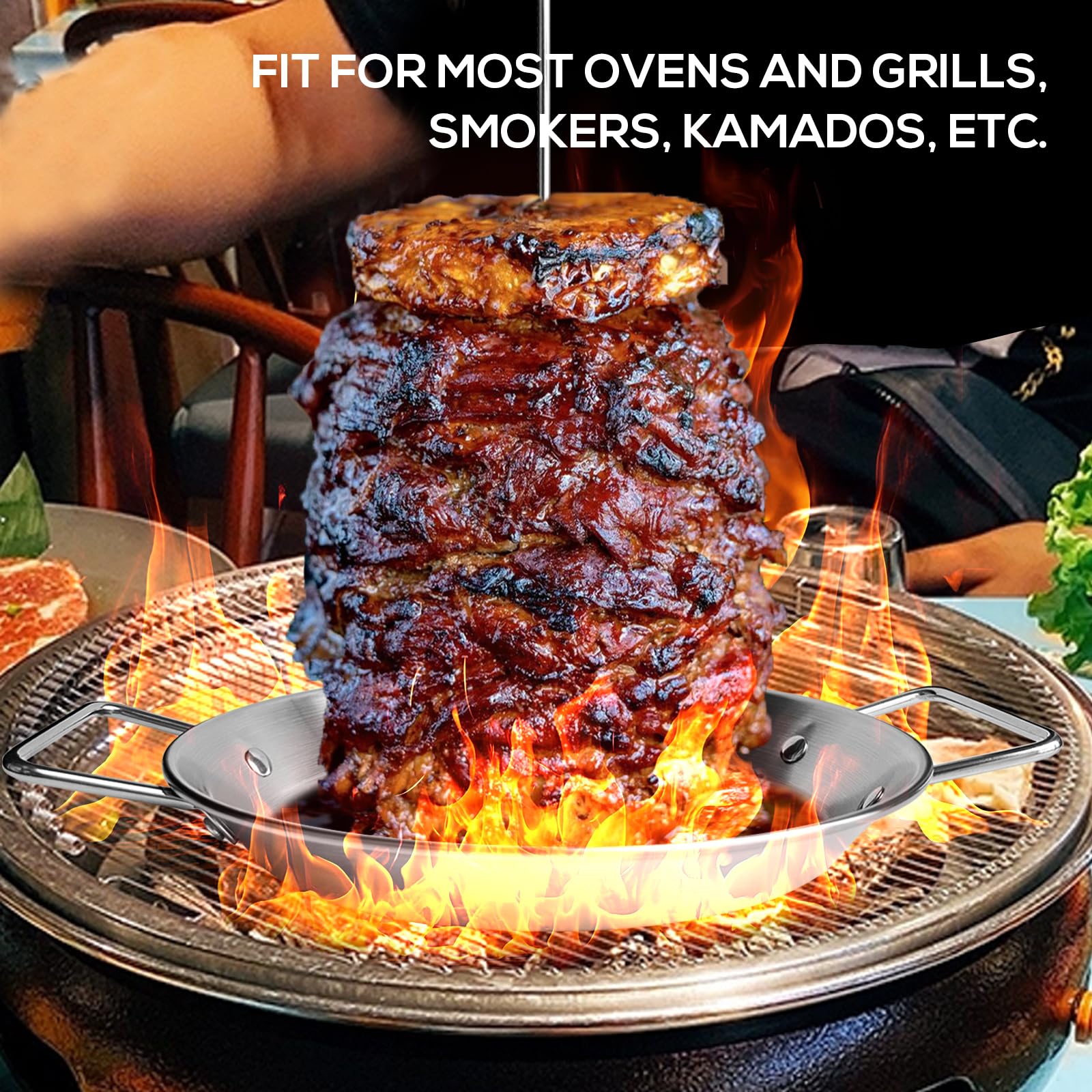 Fengzhe Al Pastor Skewer for Grill, Stainless Steel Vertical Skewer, Brazilian Spit Stand with 3 Spikes,2 Brushes,Ideal for Tacos Al Pastor,Shawarma, Kebabs on Smoker, Oven,with Fat Separator Tray.