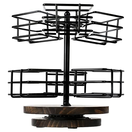 MyGift Black Metal Wire Tea Organizer Spinning Carousel Teabag Holder Basket with Dark Brown Wood Base, 6-Compartment Tea and Coffee Station Condiment Rack