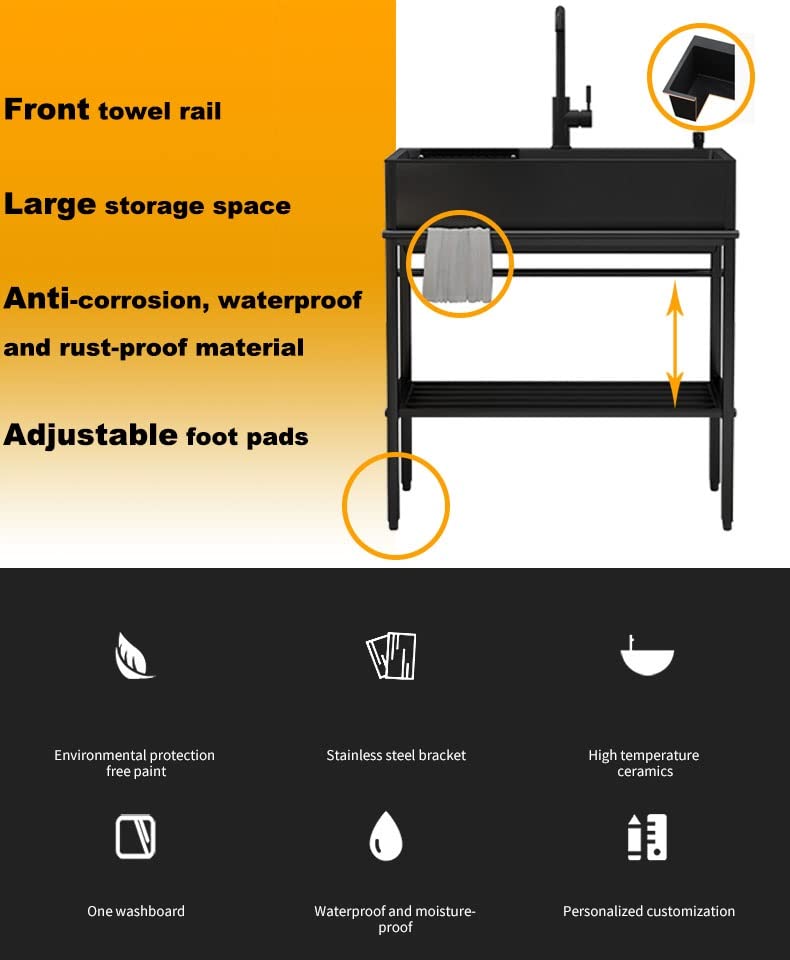 Stainless steel black utility sink, stainless steel, kitchen sink,Eco-friendly paint-free integrated sink with drainer basket, pull-out faucet, drainpipe and filter basket, (Size : 17.7"*32"(45cm*80c
