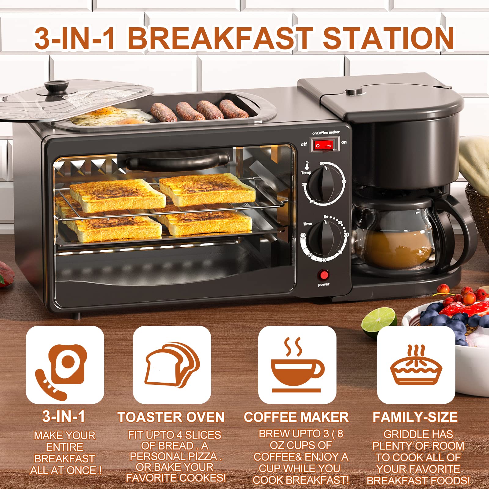 Breakfast Station, Toaster with Frying Pan, Portable Oven Breakfast Maker with Coffee Machine, Non Stick Die Cast Grill/Griddle for Bread Egg Sandwich Bacon Sausages