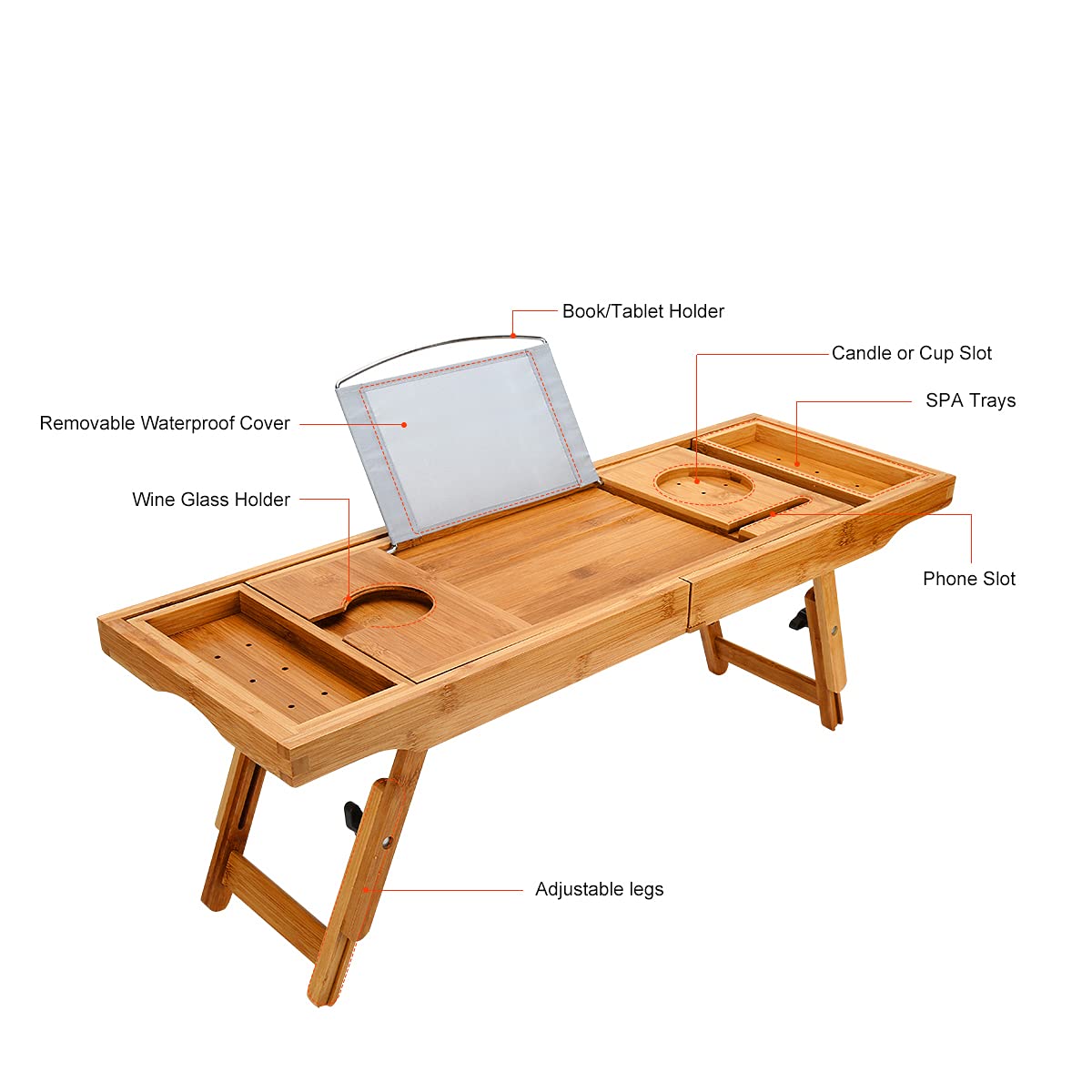 Hossejoy Bathtub Caddy Tray& Laptop Desk with Foldable Legs, 2 in 1 Wisdom Design β Luxurious Bathtub Caddy with Extending Sides, Tablet Holder, Reading Rack,Cellphone Tray and Wine Glass Holder