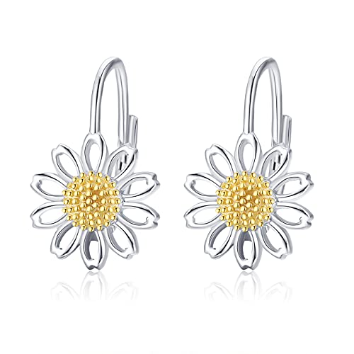 Daisy Leverback Earrings 925 Sterling Silver Flower Earrings Daisy Flower Hoop Earrings Daisy Flower Jewelry for Women