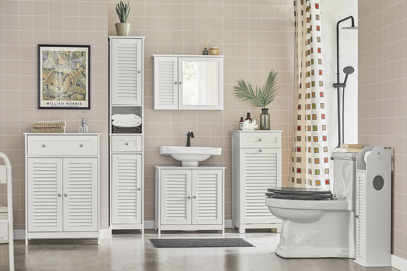 Haotian Bathroom Laundry Cabinet Laundry Chest Bathroom Storage Cabinet with Shutter Door and Laundry Basket, White, BZR73-W