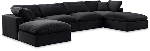 Meridian Furniture 189Black-Sec6B Comfy Collection Modern | Contemporary Upholstered Modular Sectional, Soft Black Velvet, Down Feather Cushions, 158" W x 79" D x 34.5" H, Black