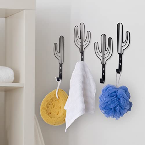 MyGift Wall Mounted Decorative Black Metal Entryway Coat Hooks Saguaro Cactus Shaped Hanging Novelty Hooks, Southwest Style Home Decor, Set of 4