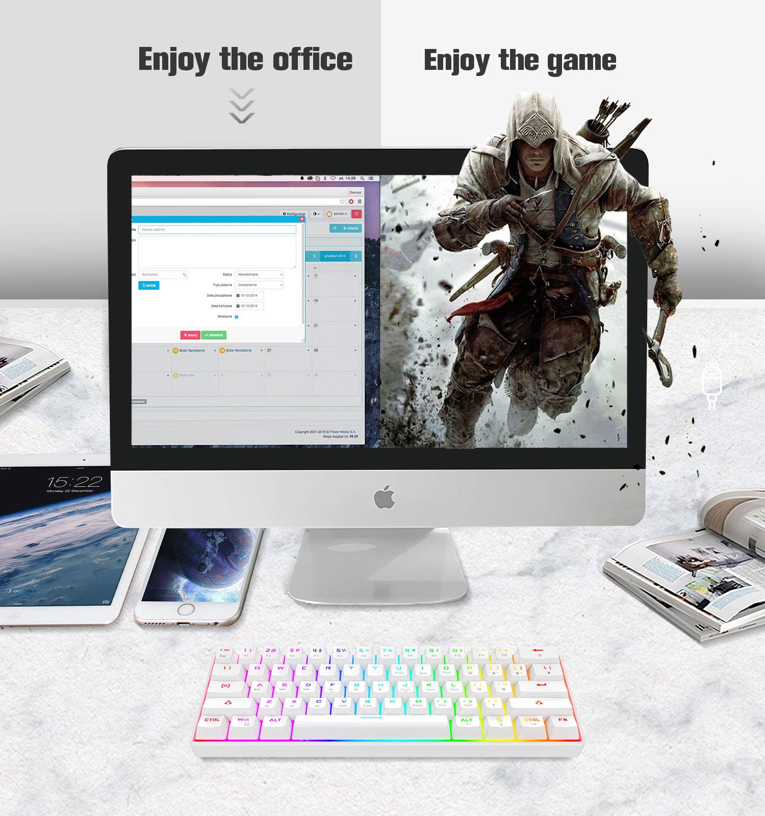 SUPGALIY 60% Mechanical Keyboard Wireless 2.4G/Bluetooth 5.0/Wired Gaming Keyboard 3000mAh 61 Keys RGB Backlit Portable Mini Keyboard for Windows, Mac, Android, iOS (Hot Swappable Blue Switch, White)