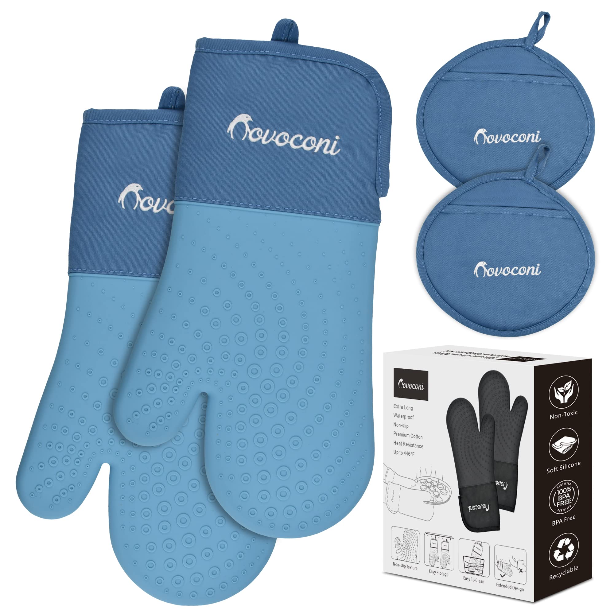 Extra Long Silicone Oven Mitts and Pot Holders Sets of 4, Novoconi Oven Mitts Heat Resistant 446F with Quilted Cotton Liner, Non-Slip & Waterproof Silicone Oven Mitts for Kitchen Cooking and Baking