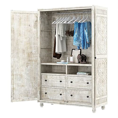 Khalifa Hand Carved Wardrobe Armoire - Weathered White Finish Mango Wood
