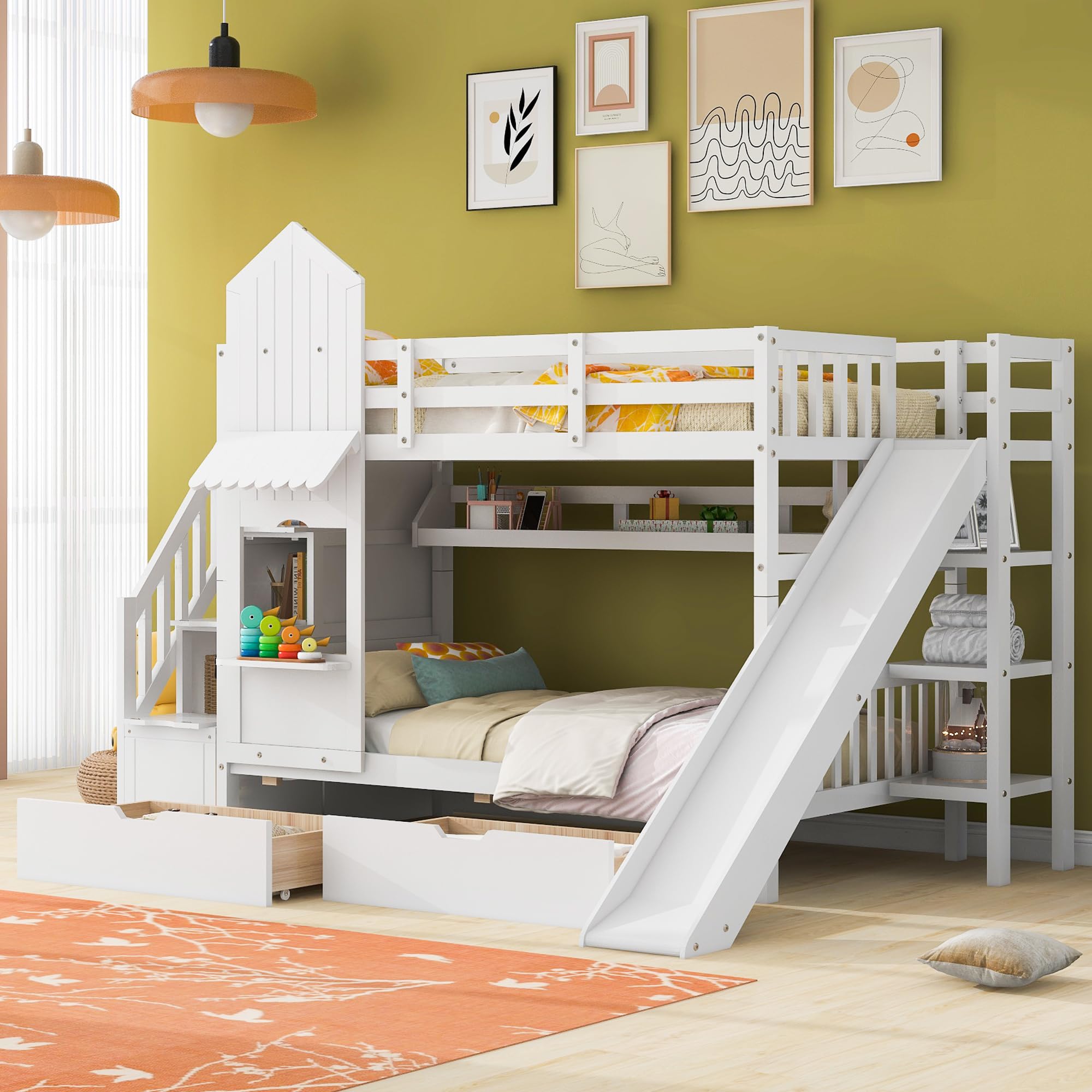 MERITLINE Twin Over Twin Bunk Bed for Kids, Castle Bunk Beds with 2 Drawers 3 Shelves and Slide, Solid Wood Twin Bunk Bed for Kids Girls Boys Teens (White)