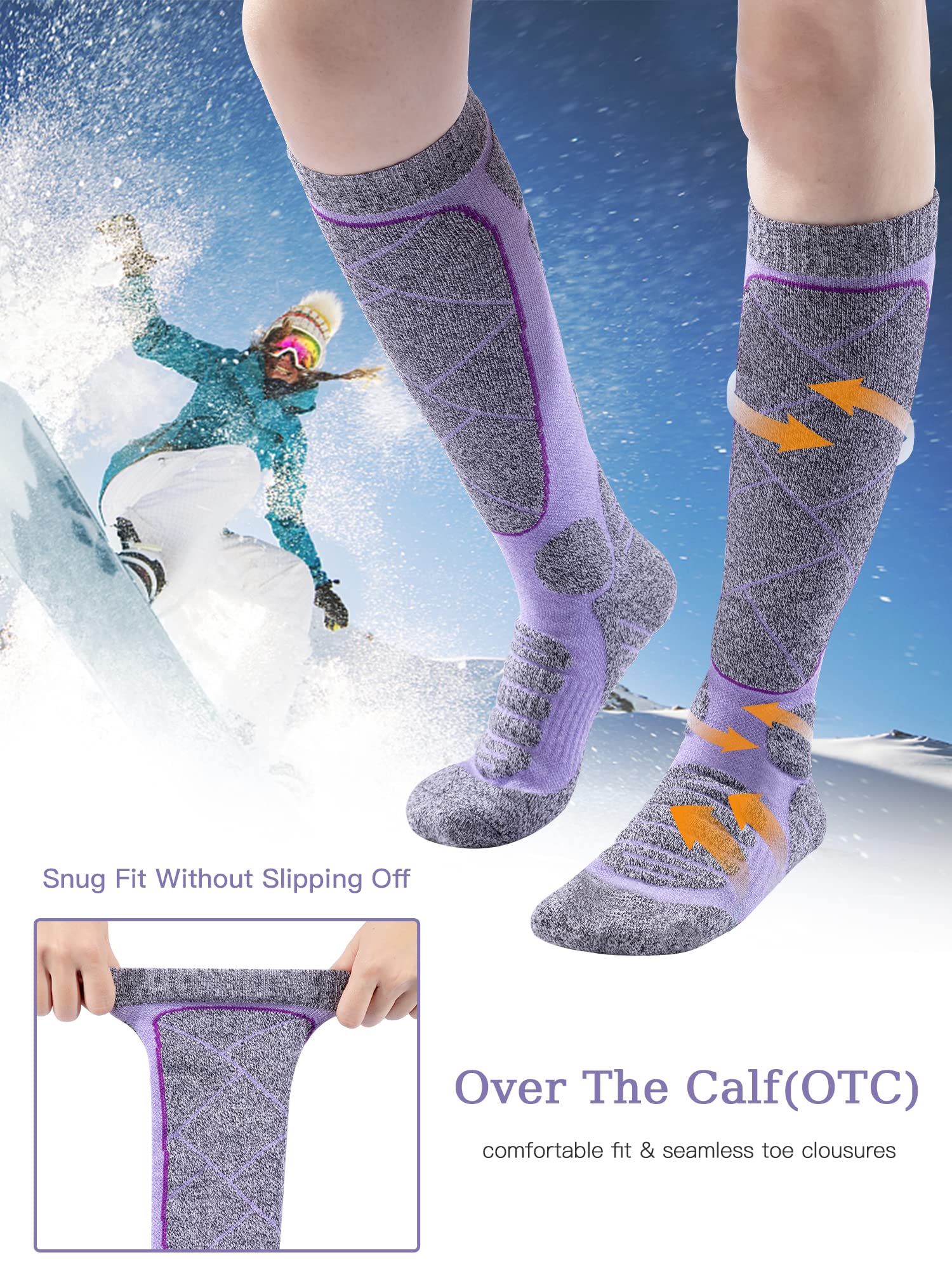 DaisyWood Women's Ski Socks for Skiing, Snowboarding, Hiking,Skating, Cold Weather, Winter Performance Socks 2-Pack, Multicolor, 6-12