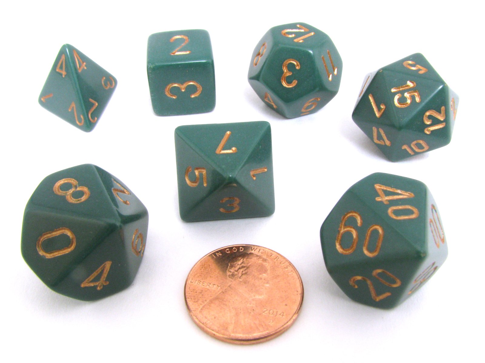 Polyhedral 7-Die Opaque Dice Set - Dusty Green with Copper