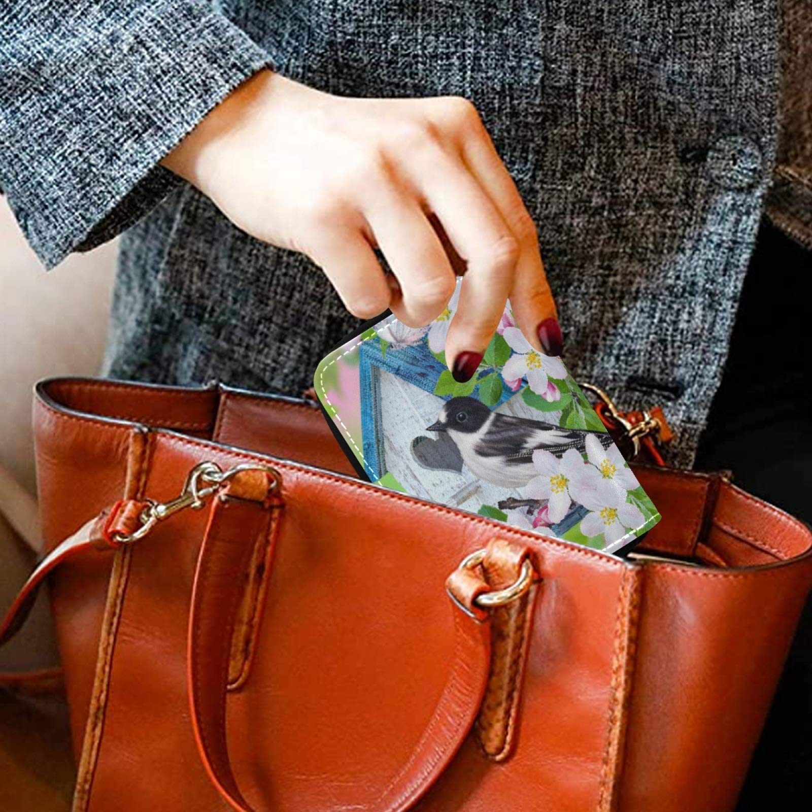 susiyo Spring Bird Flower Birdhouse Credit Card Wallet, RFID Blocking Compact Women Leather Card Holder Zipper Purse