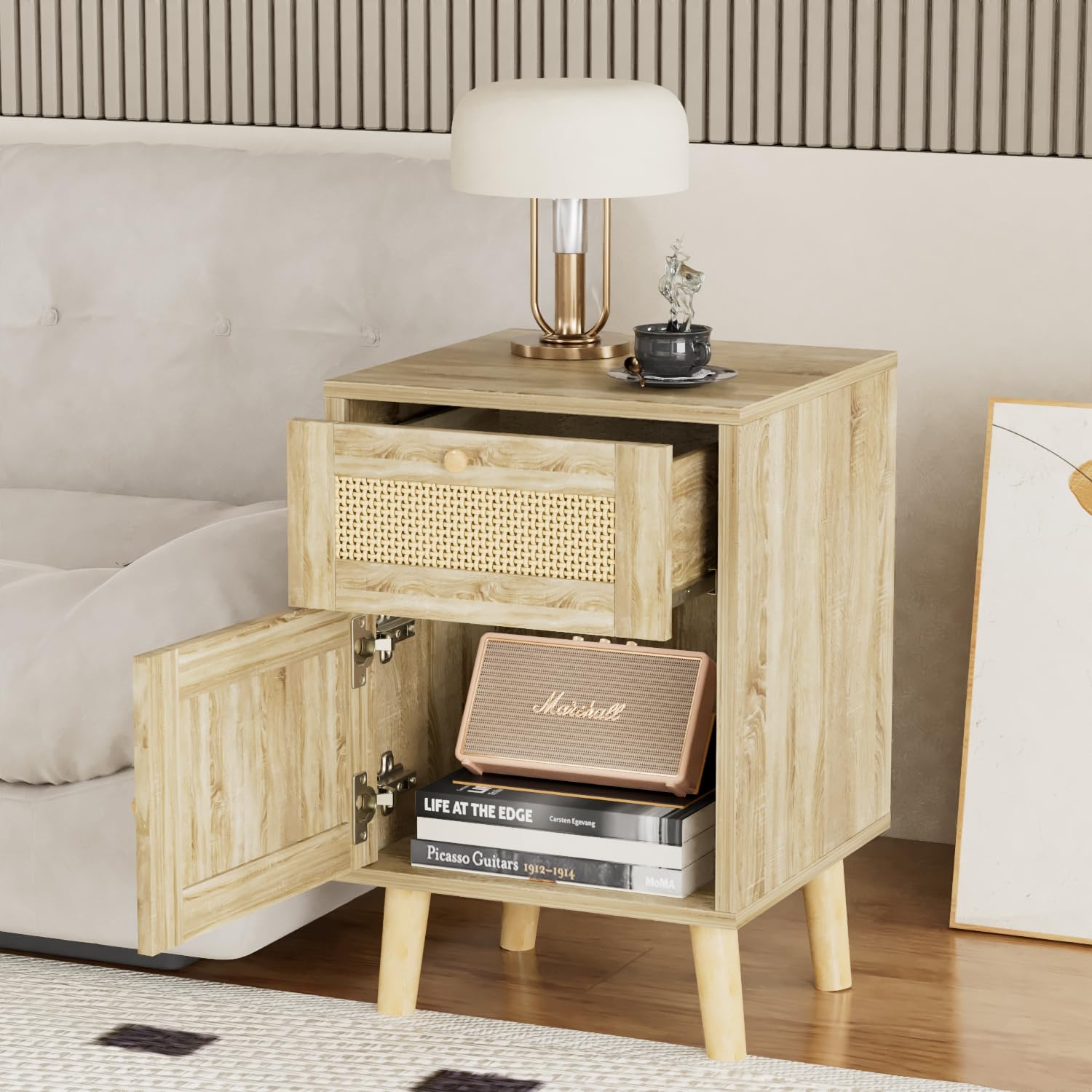 Breezestival Rattan-Like Nightstand with Storage, Boho Side Table with Rattan Material Decorated Drawer, Cabinet Door for Living Room, Bedroom