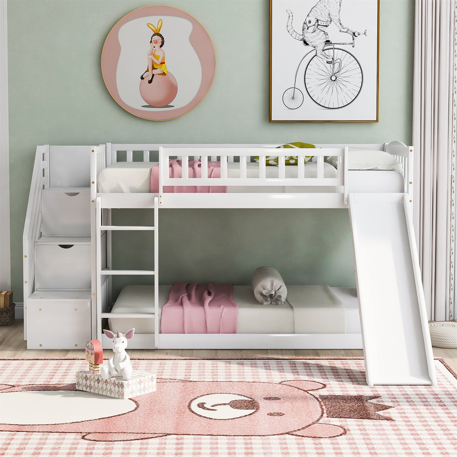Harper & Bright Designs Twin Over Twin Bunk Bed with Slide and Guardrail, Floor Bunk Bed with Stairway/Two Drawers/Handrail, Space-Saving Bedroom Dormitory Furniture (White)