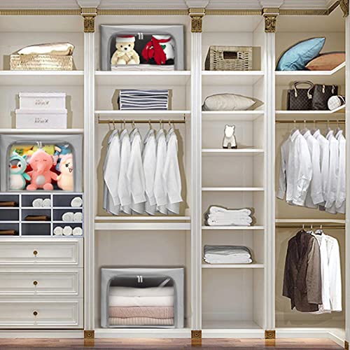 Stackable Clothes Storage Box for Clothing Gadgets,Steel Frame Storage Bins for Bedding Blankets Toys Gift,Foldable Oxford Fabric Closet Organizer Bag Set with Carry Handles and Clear Window (Medium- 40L x3 Pack, Grey)